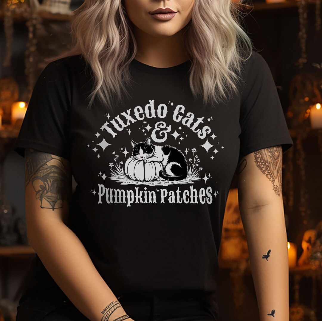 Tuxedo Cats and Pumpkin Patches Halloween T-shirt, Cute Black & White Cat Design for Fall ...