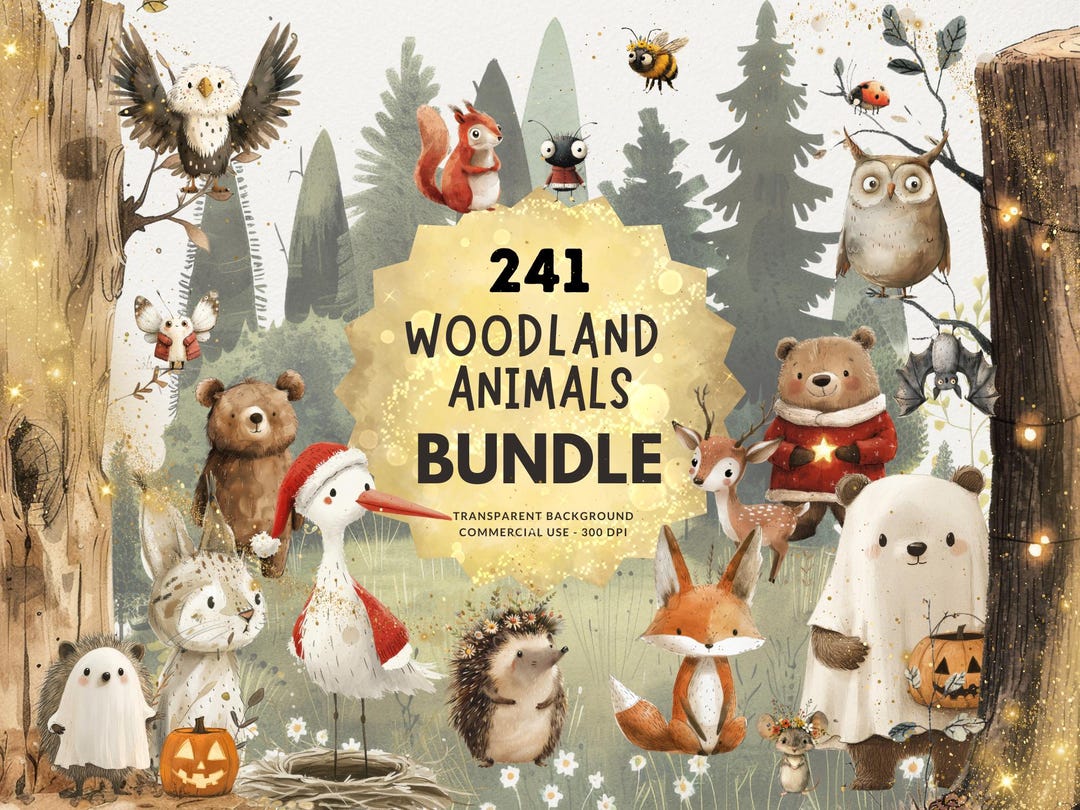 241 Woodland Animals Bundle, PNG Watercolor Clipart, Christmas, Boho ...