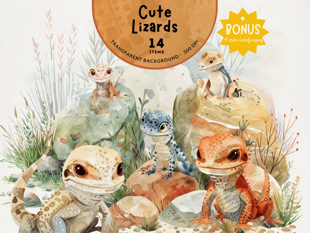 14 Lizard Clipart Cute Watercolor Reptile PNG Set, Commercial Use ...