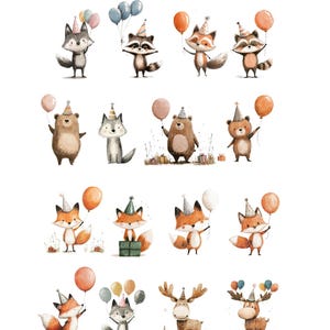 64 Birthday Party Woodland Animals, PNG Watercolor Clipart, Celebrate ...