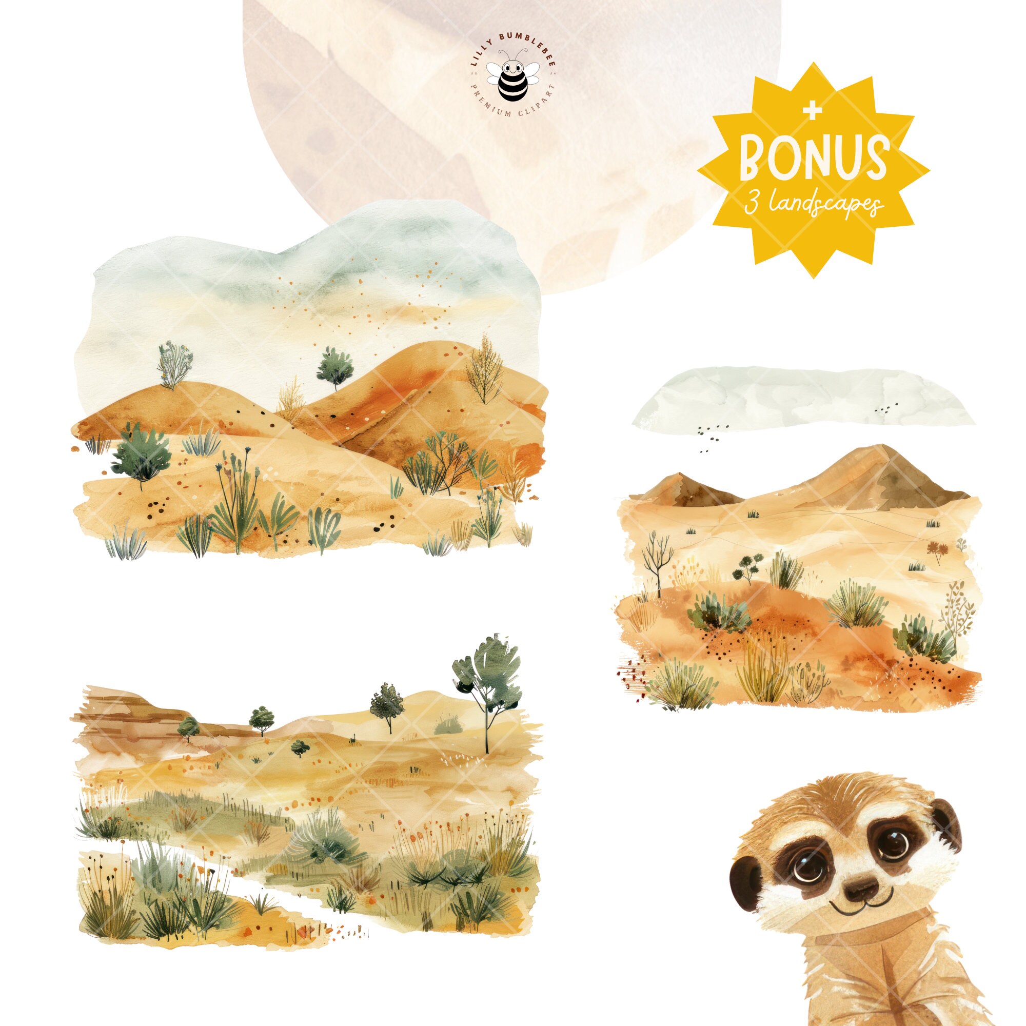 16 Meerkat Clipart and 3 Landscapes Cute Watercolor Safari Animals PNG ...
