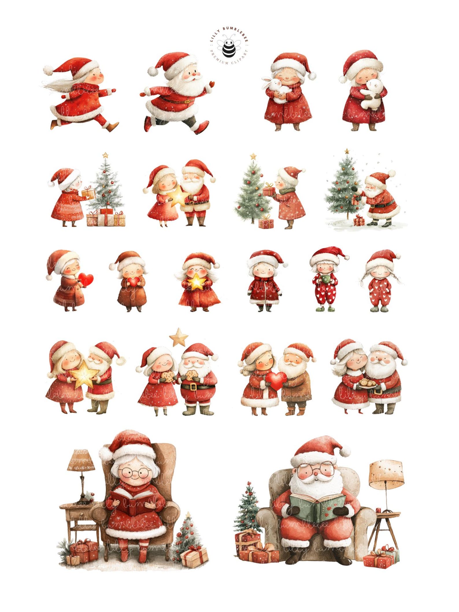 91 Santa and Mrs. Claus, PNG Christmas Watercolor Clipart, Festive ...