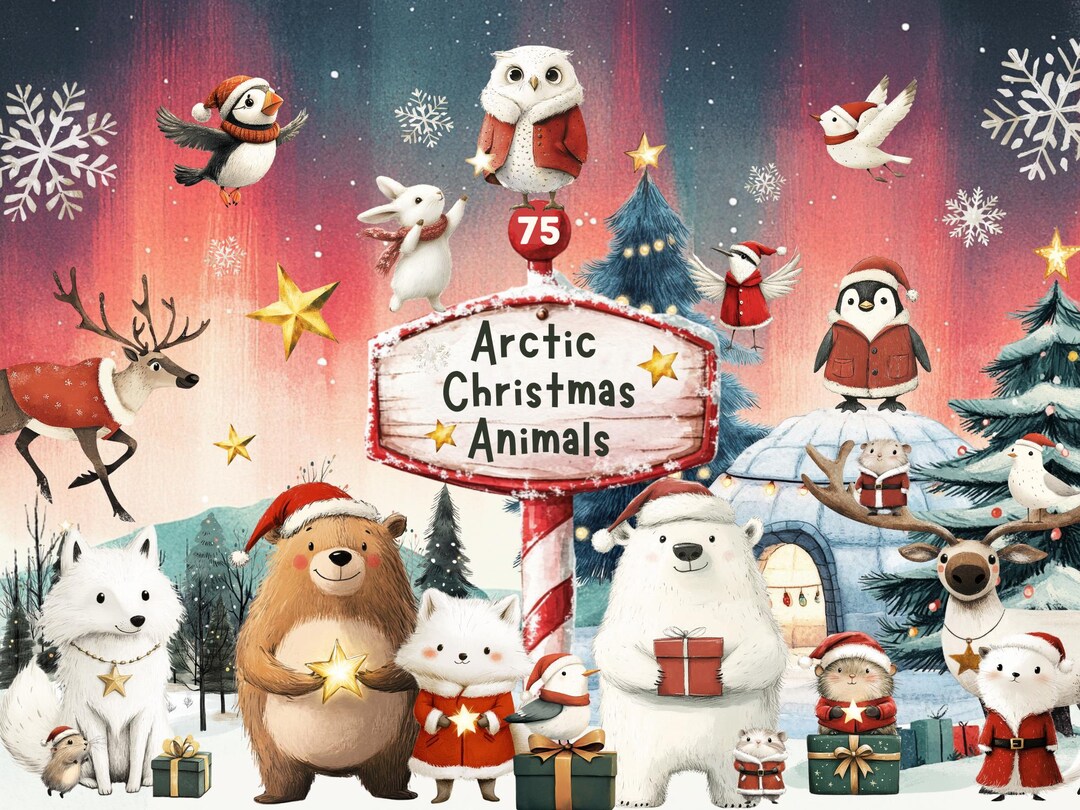 75 Arctic Christmas Animals Watercolor Clipart, Polar Bear, Arctic Fox ...