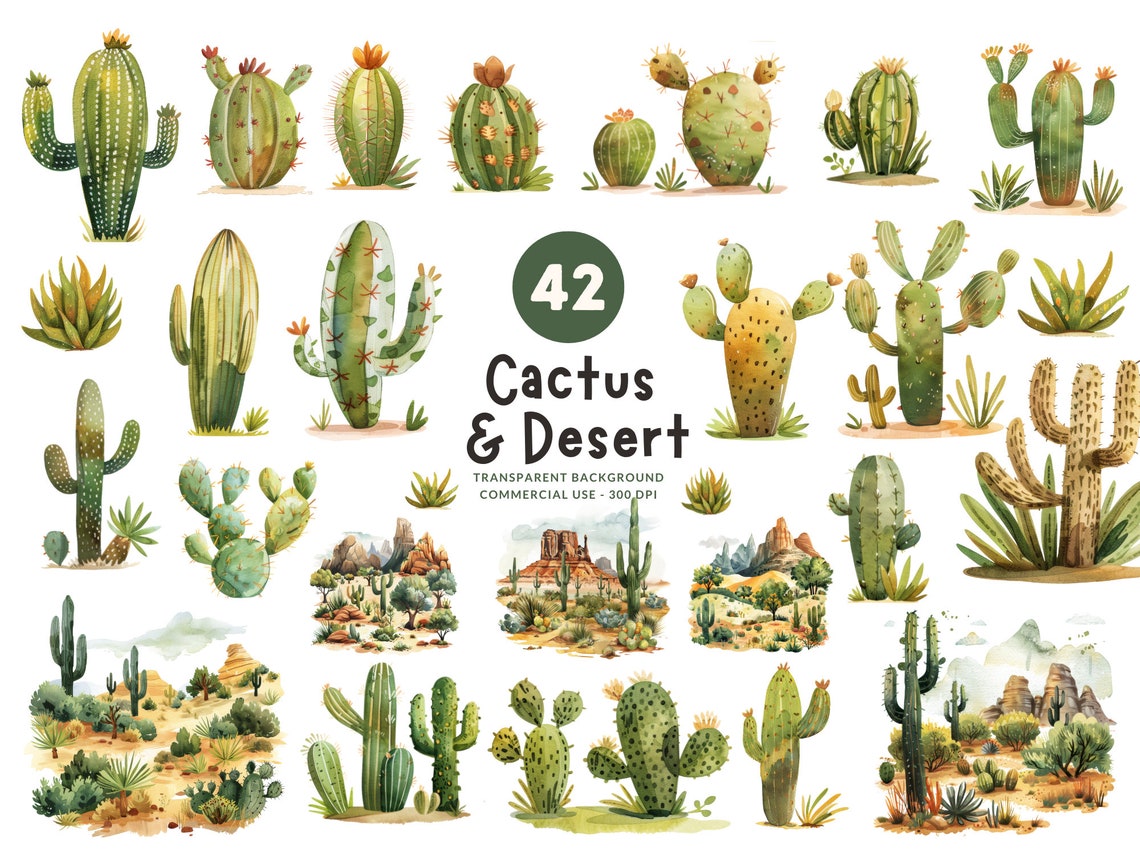 32 Cactus Clipart & 10 Desert Clipart Watercolor PNG Set, Commercial ...