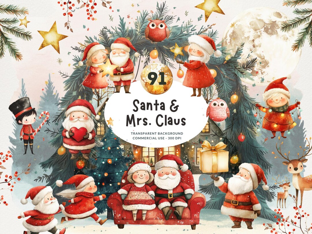 91 Santa and Mrs. Claus, PNG Christmas Watercolor Clipart, Festive ...