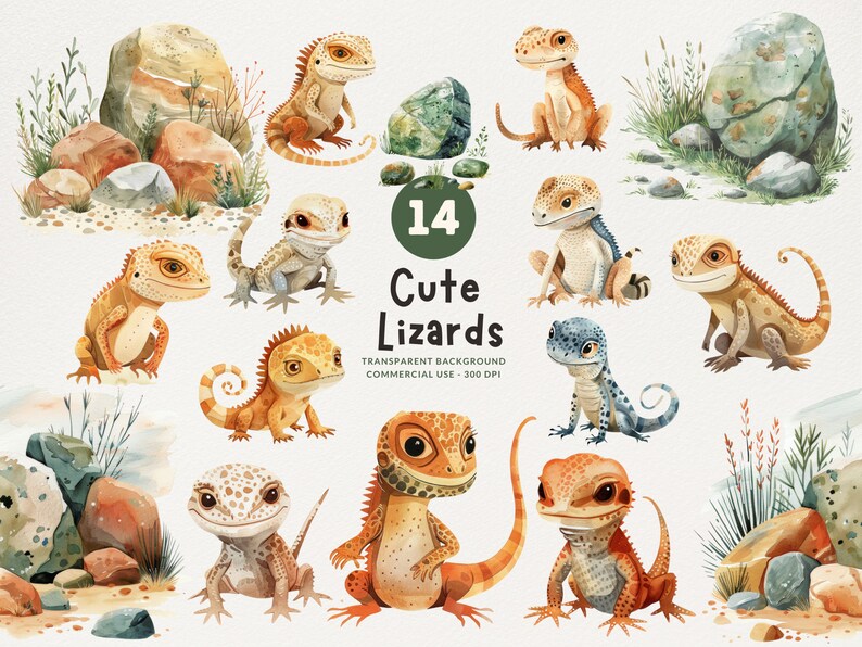 14 Lizard Clipart Cute Watercolor Reptile PNG Set, Commercial Use ...