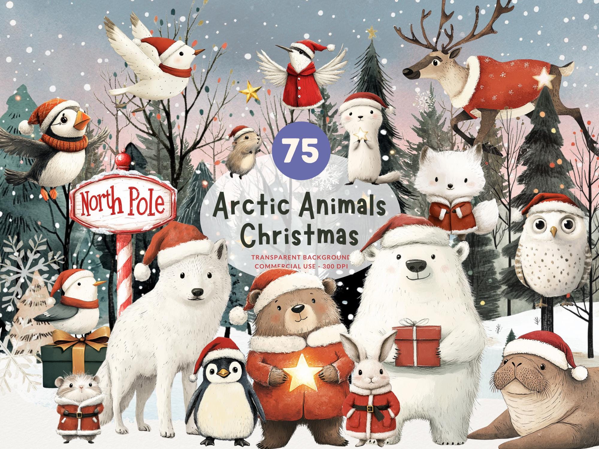 75 Christmas Arctic Animals, PNG Watercolor Clipart, Polar Bear, Fox ...