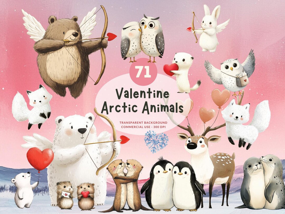 71 Valentine Arctic Animals, PNG Watercolor Clipart, Cupid Polar Bear ...