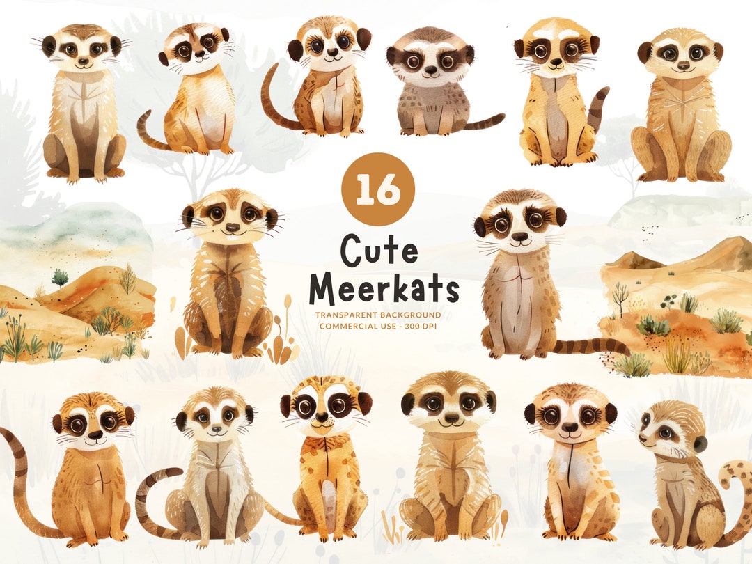 16 Meerkat Clipart and 3 Landscapes - Cute Watercolor Safari Animals ...