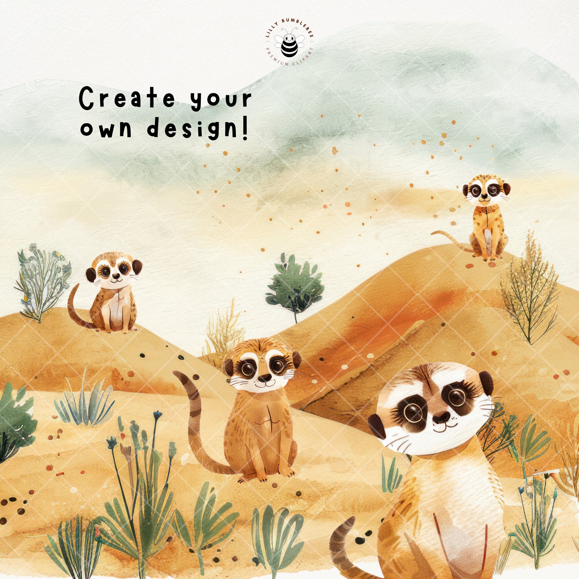 16 Meerkat Clipart and 3 Landscapes Cute Watercolor Safari Animals PNG ...