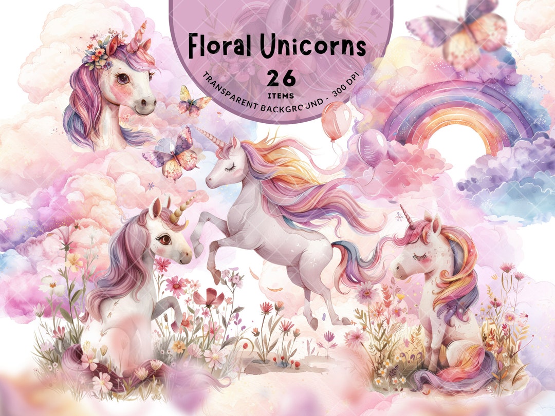 26 Unicorn Clipart: Watercolor Pastel Rainbow Unicorn PNG Bundle - Etsy
