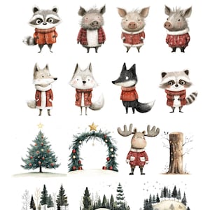 61 Christmas Woodland Animals, PNG Watercolor Clipart, Whimsical Bear ...