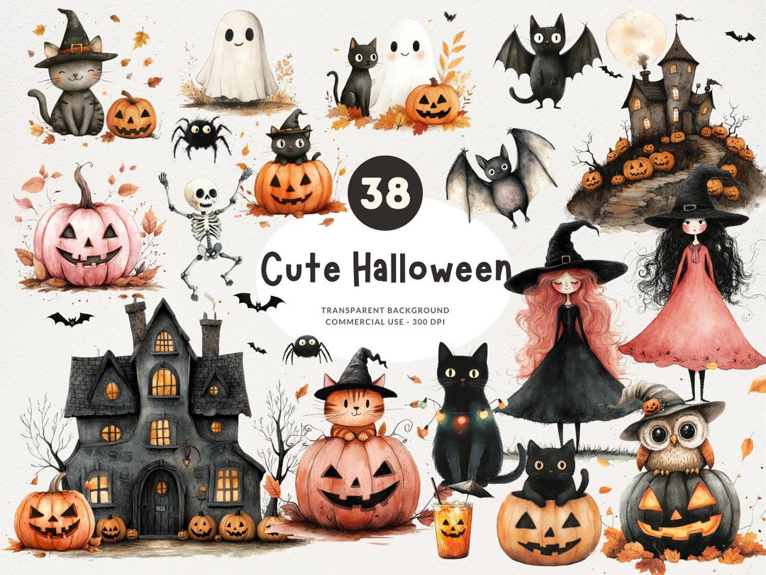 38 Cute Halloween Watercolor Clipart, PNG, Transparent Background, Cute ...
