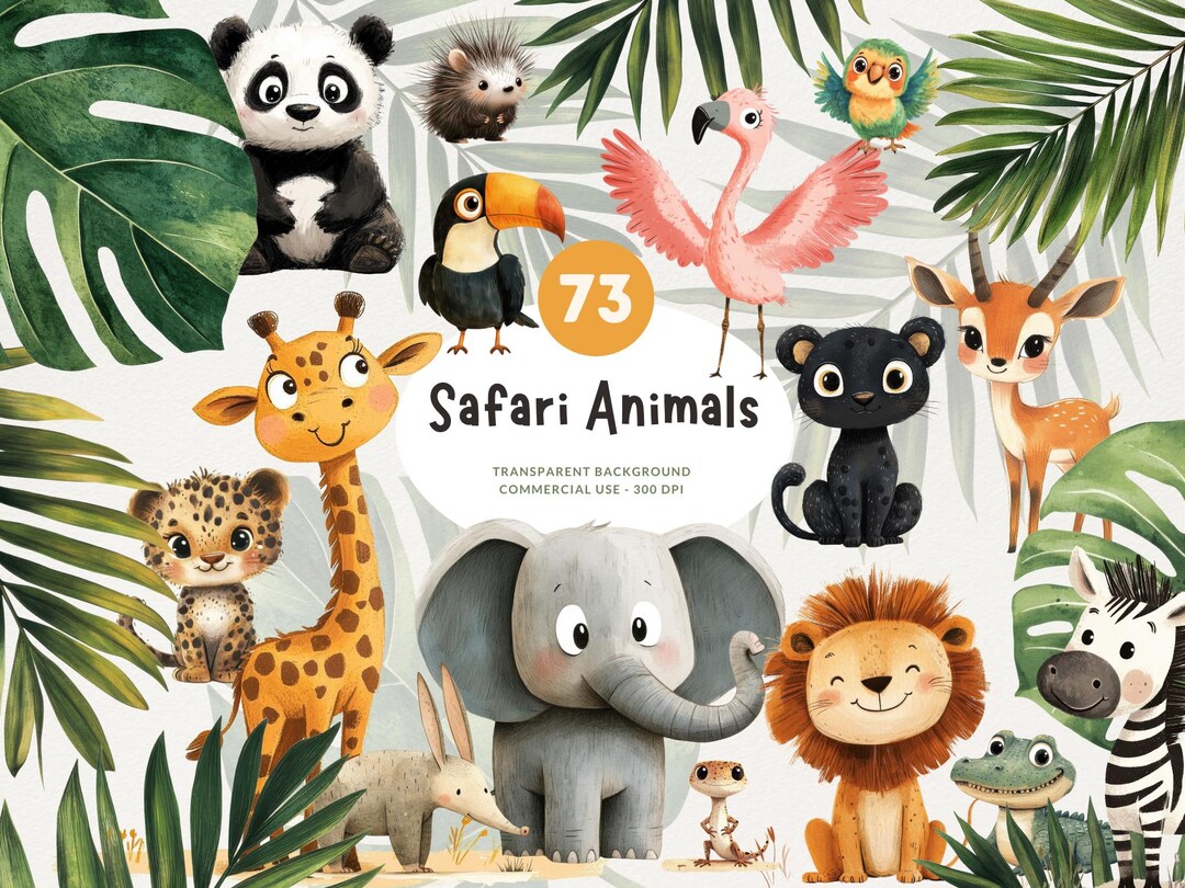 73 Cute Safari Animals Watercolor Clipart, PNG, Baby Shower, Nursery ...