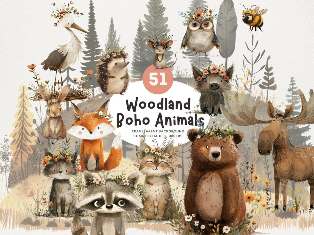 51 Boho Woodland Animals, PNG Watercolor Clipart, Whimsical Bear, Fox ...