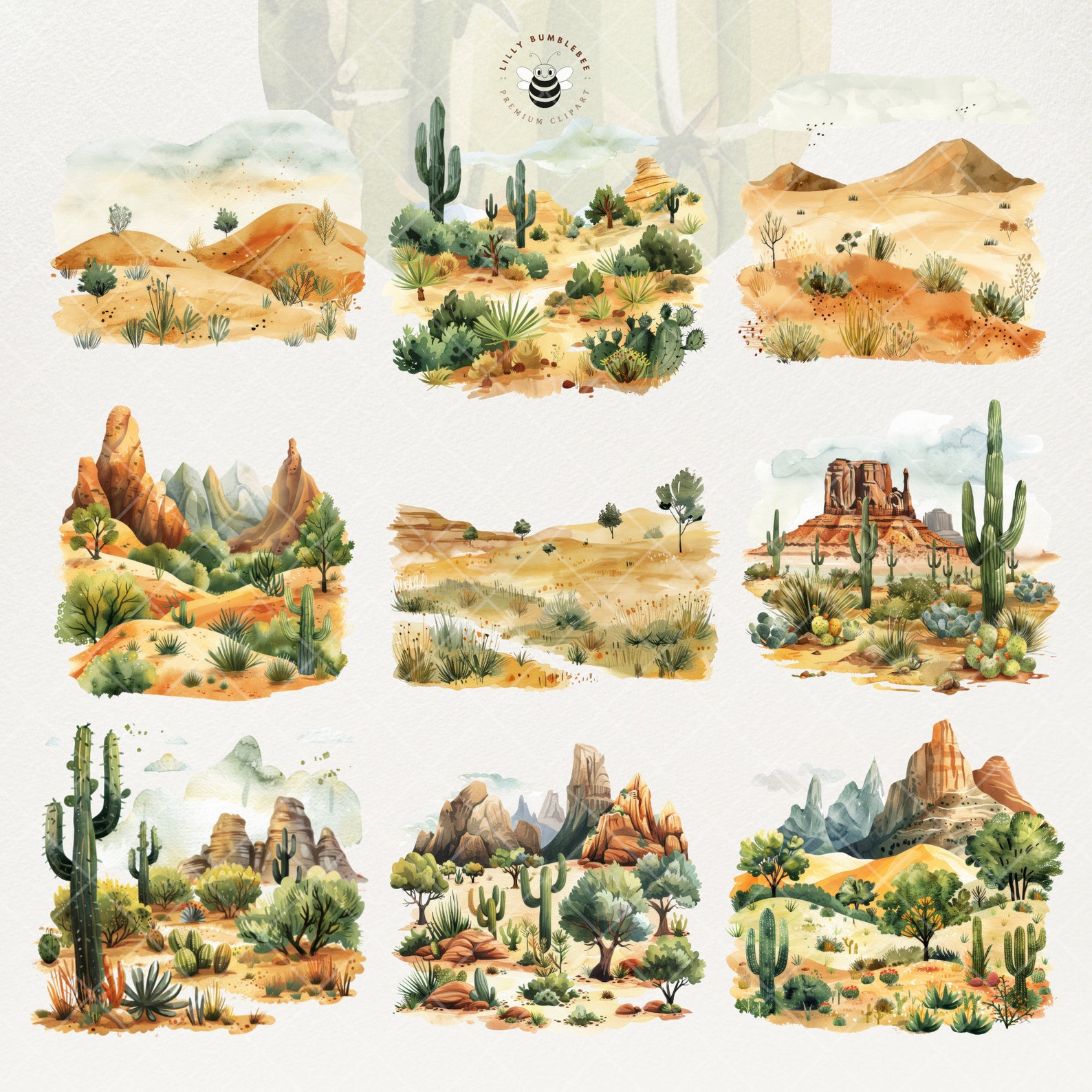 42 Cactus Clipart & Desert Clipart Watercolor PNG Set, Commercial Use ...
