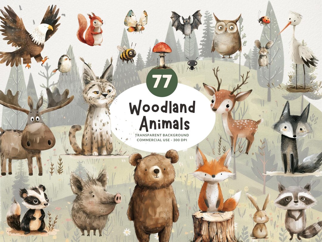 77 Woodland Animals, PNG Watercolor Clipart, Whimsical Boho Baby ...