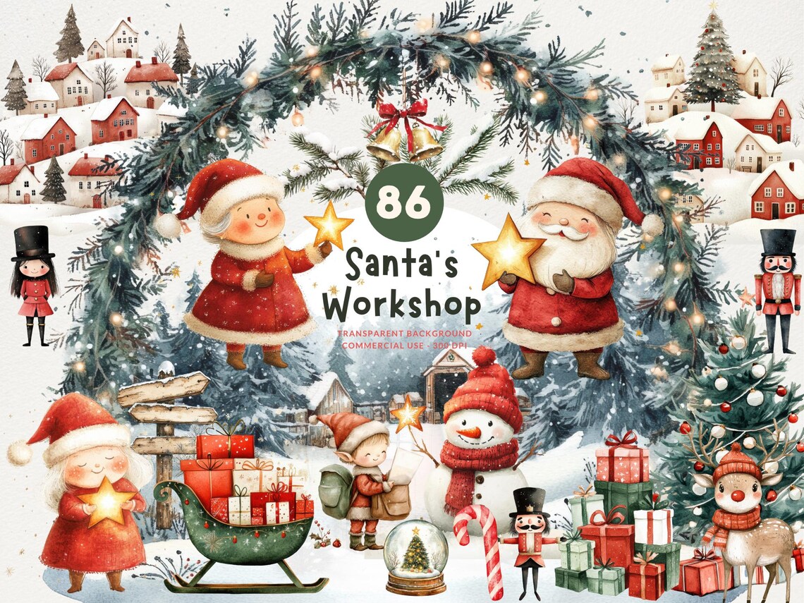86 Santa's Workshop, PNG Watercolor Clipart, Santa, Mrs. Claus ...