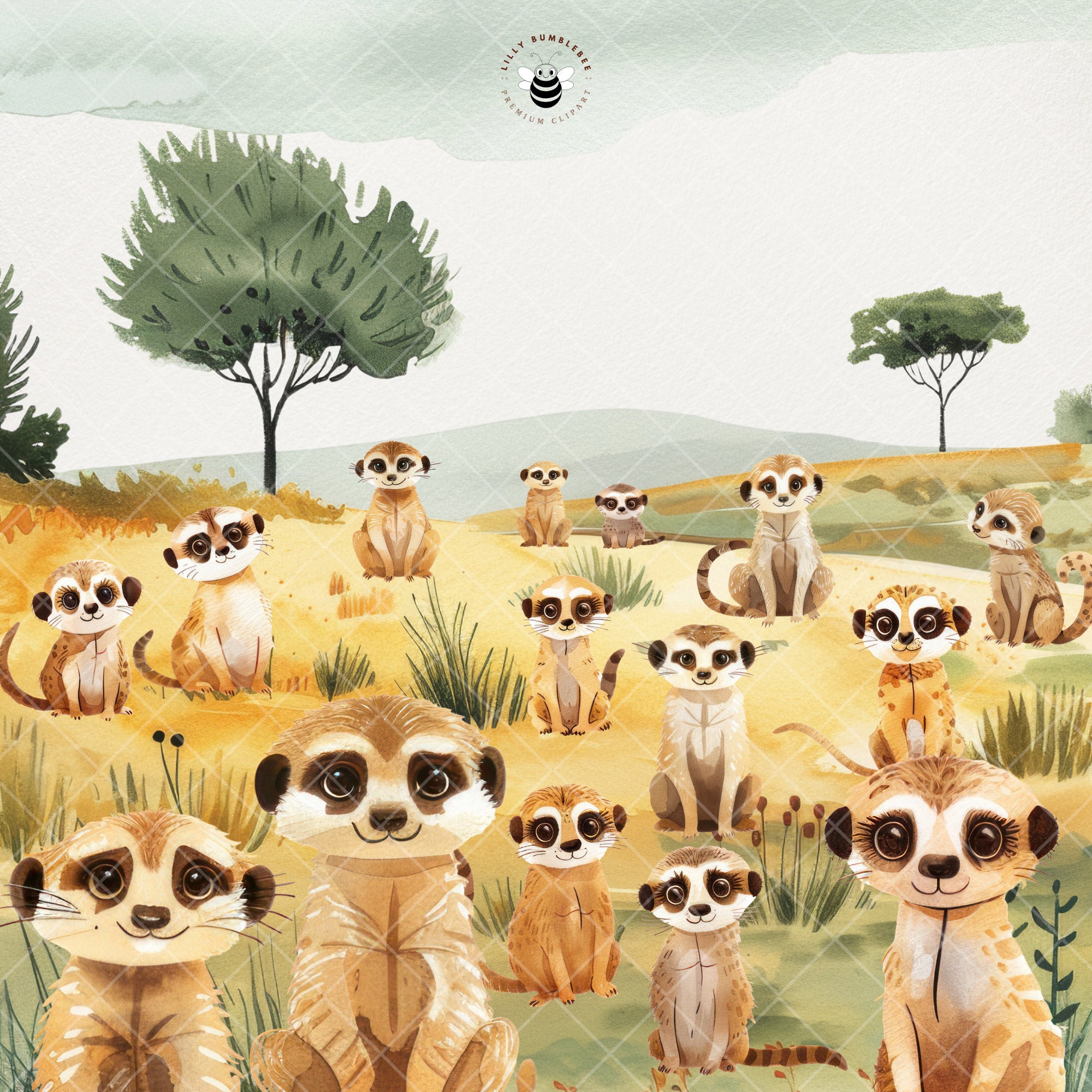 16 Meerkat Clipart and 3 Landscapes Cute Watercolor Safari Animals PNG ...