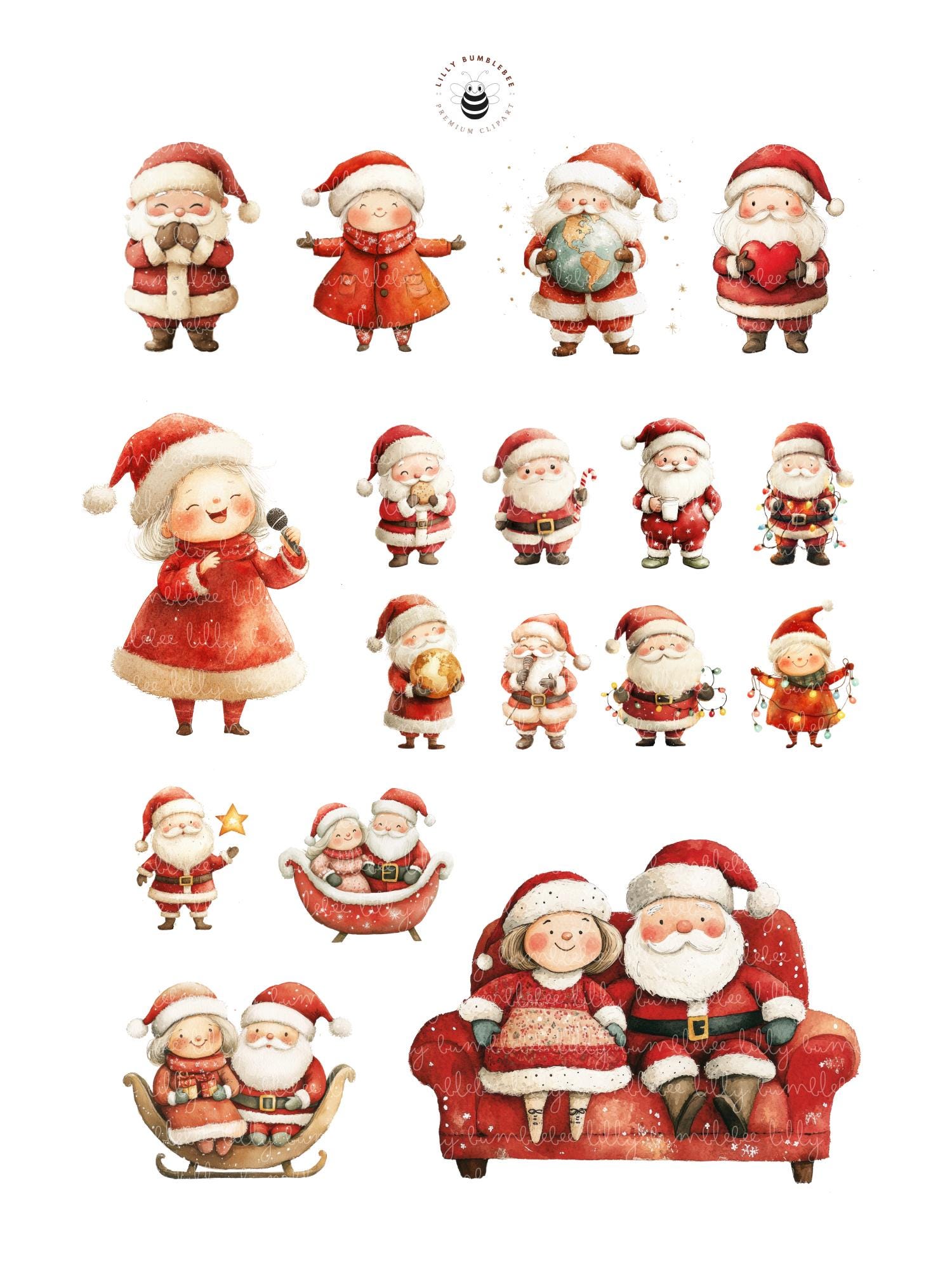 91 Santa and Mrs. Claus, PNG Christmas Watercolor Clipart, Festive ...