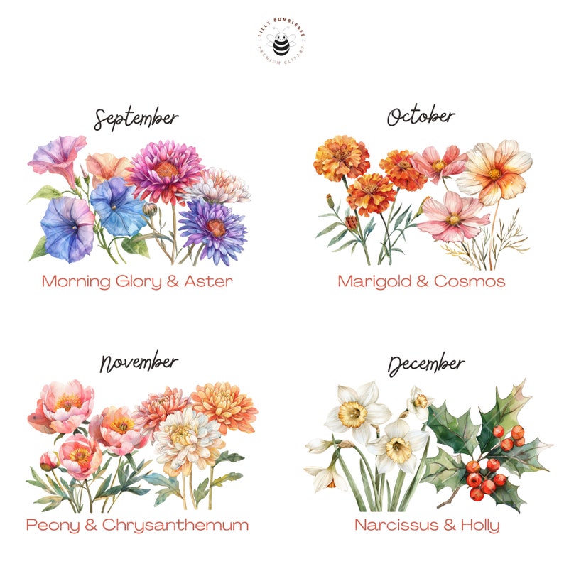 25 Birth Month Flowers (two per Month), PNG, Watercolor Clipart ...