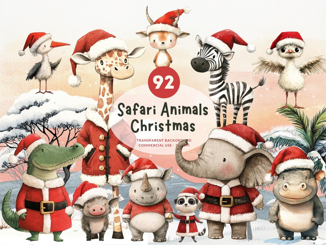 92 Christmas Safari Animals, PNG Watercolor Clipart, Lion, Elephant ...