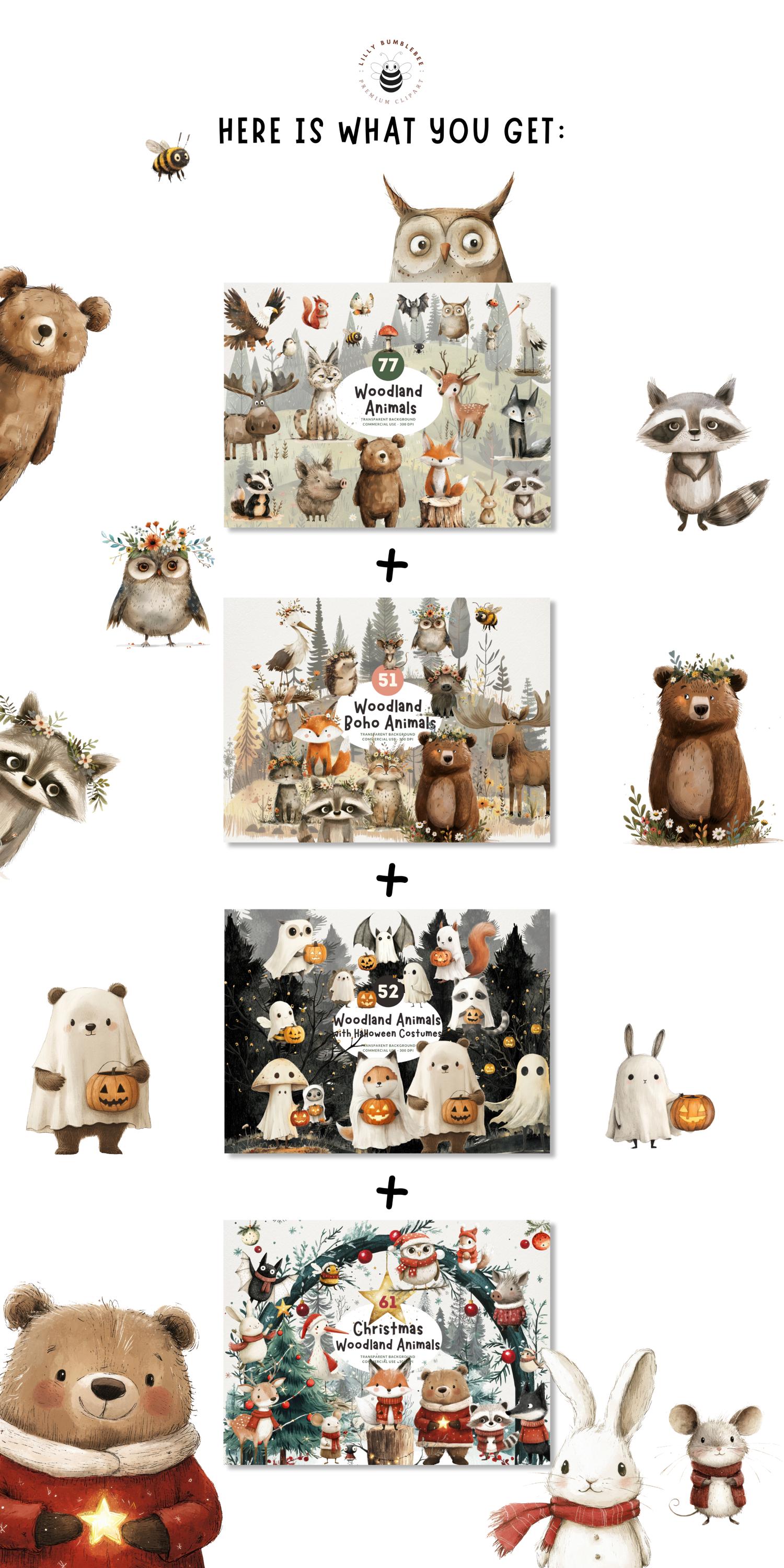 241 Woodland Animals Bundle, PNG Watercolor Clipart, Christmas, Boho ...