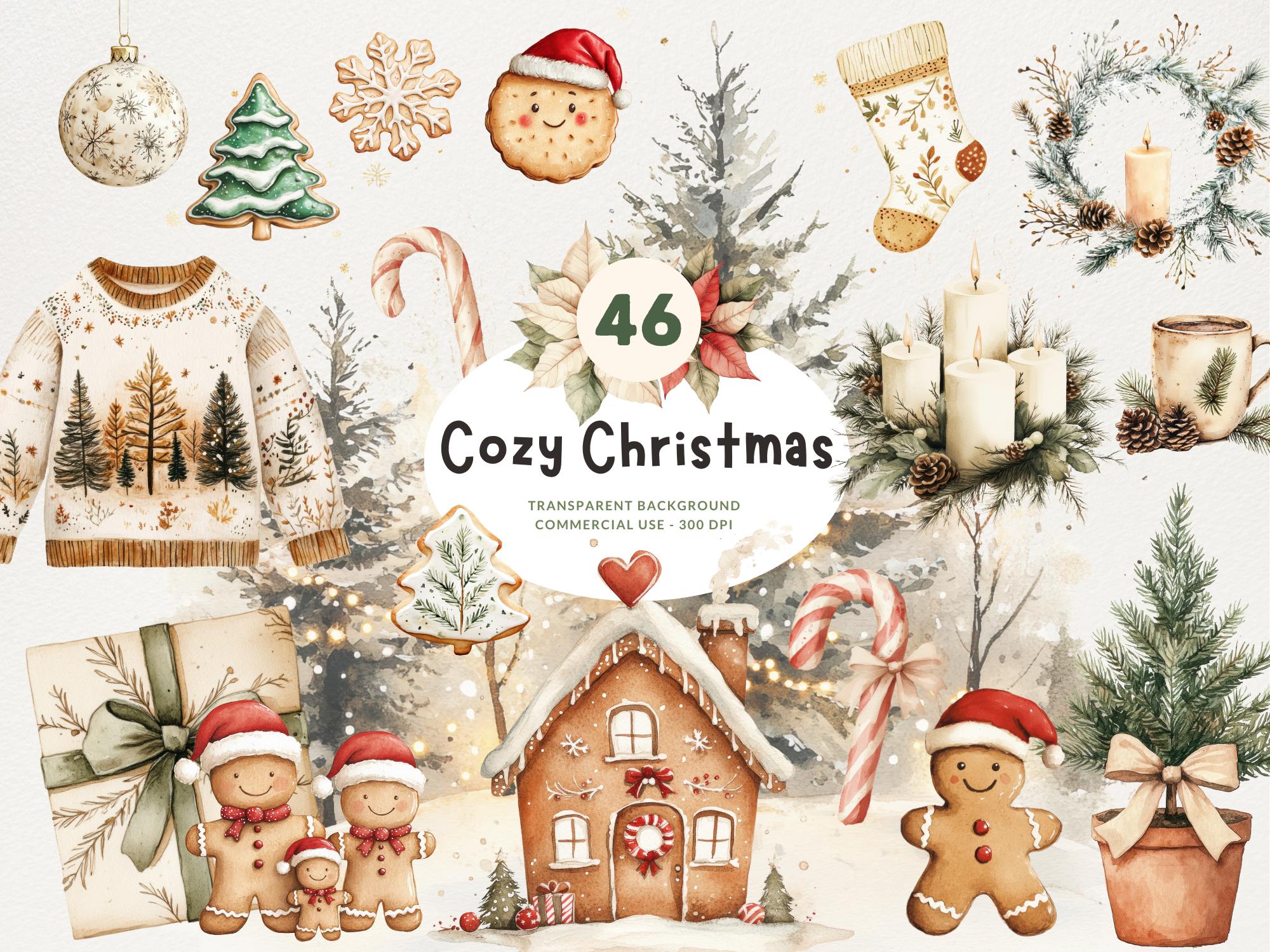 46 Cozy Christmas, PNG Watercolor Clipart, Christmas Trees and Balls ...