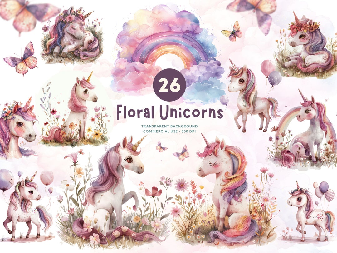 26 Unicorn Clipart - Watercolor Pastel Rainbow Unicorn PNG Set ...