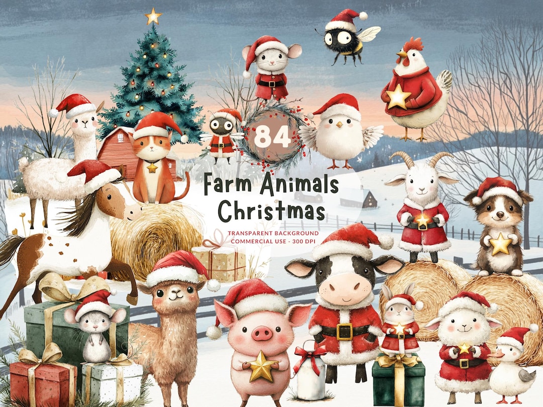 84 Christmas Farm Animals, PNG Watercolor Clipart, Cow, Sheep, Pig ...