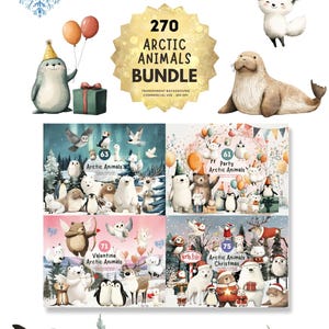 75 Christmas Arctic Animals, PNG Watercolor Clipart, Polar Bear, Fox ...