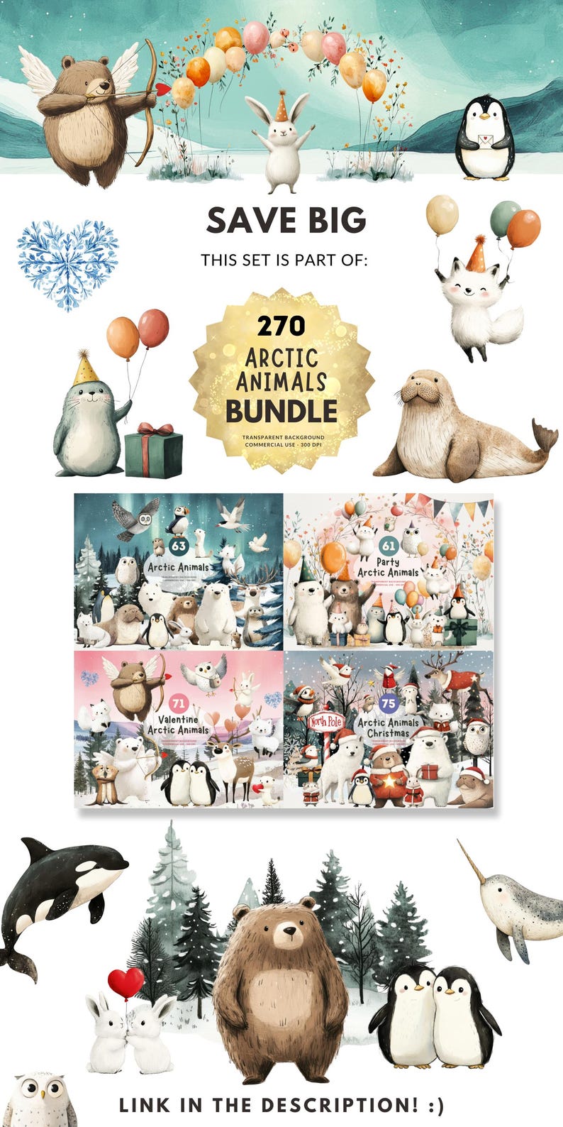 75 Christmas Arctic Animals, PNG Watercolor Clipart, Polar Bear, Fox ...