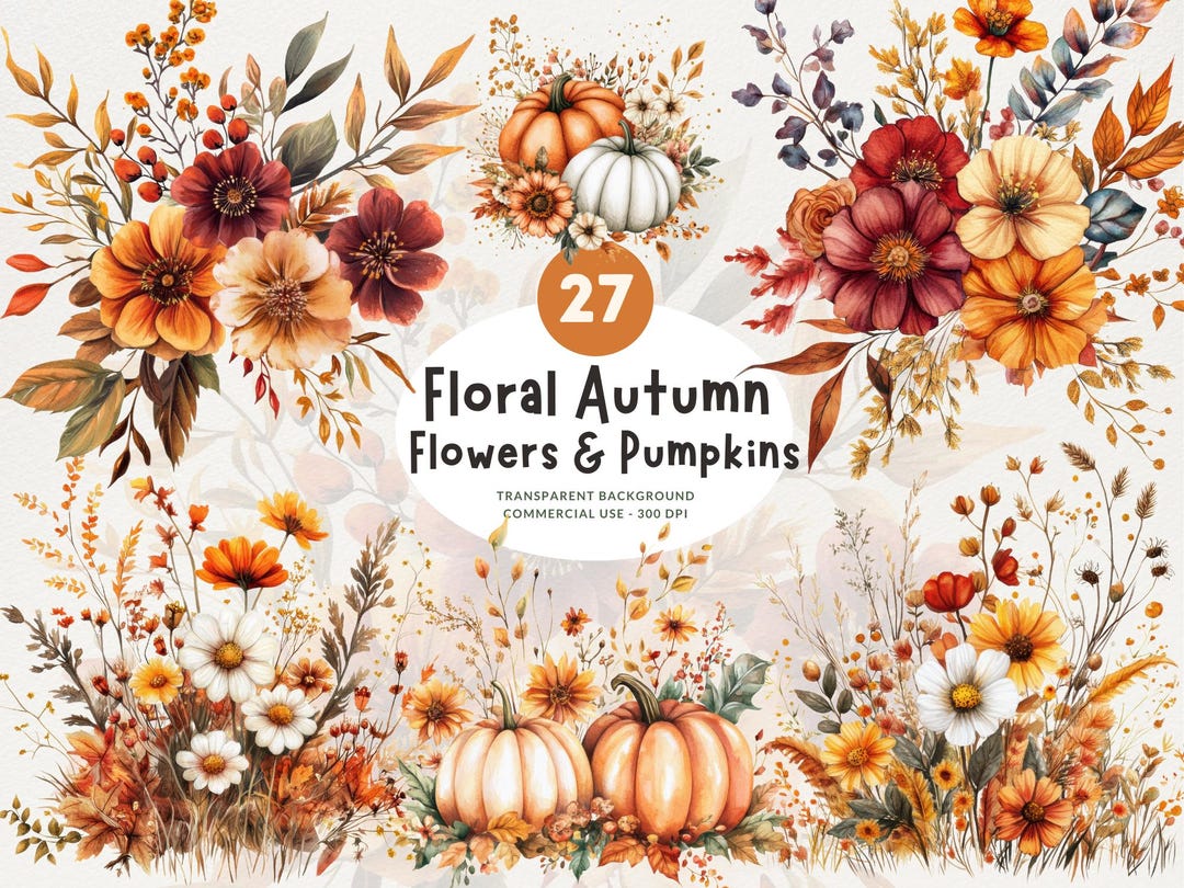 Thanksgiving Watercolor Clipart, PNG, Floral Autumn, Fall Flowers and ...