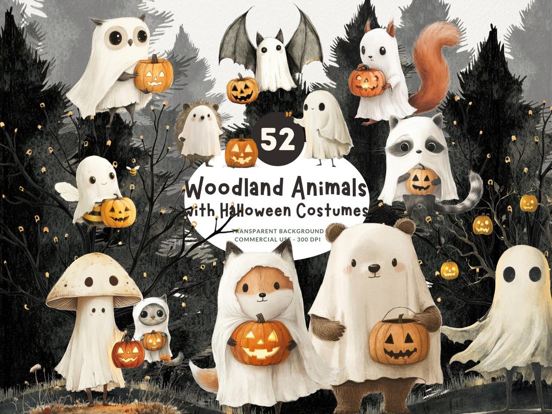 52 Halloween Woodland Animals, PNG Watercolor Clipart, Spooky Whimsical ...