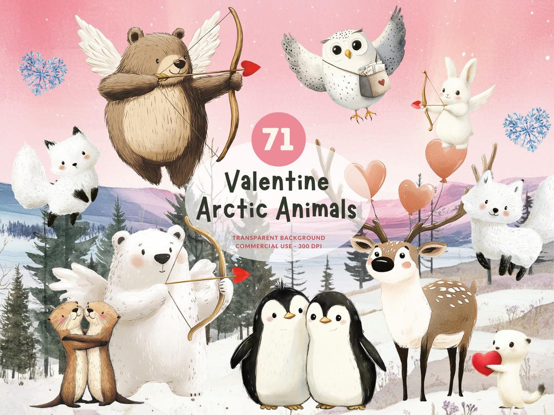 71 Valentine Arctic Animals, PNG Watercolor Clipart, Cupid Polar Bear ...
