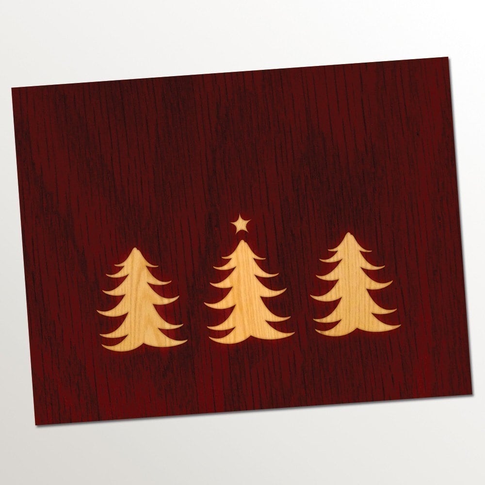 Set of 8 Christmas Card Set / Holiday Card Set Wood Inlay Trees, Birds ...