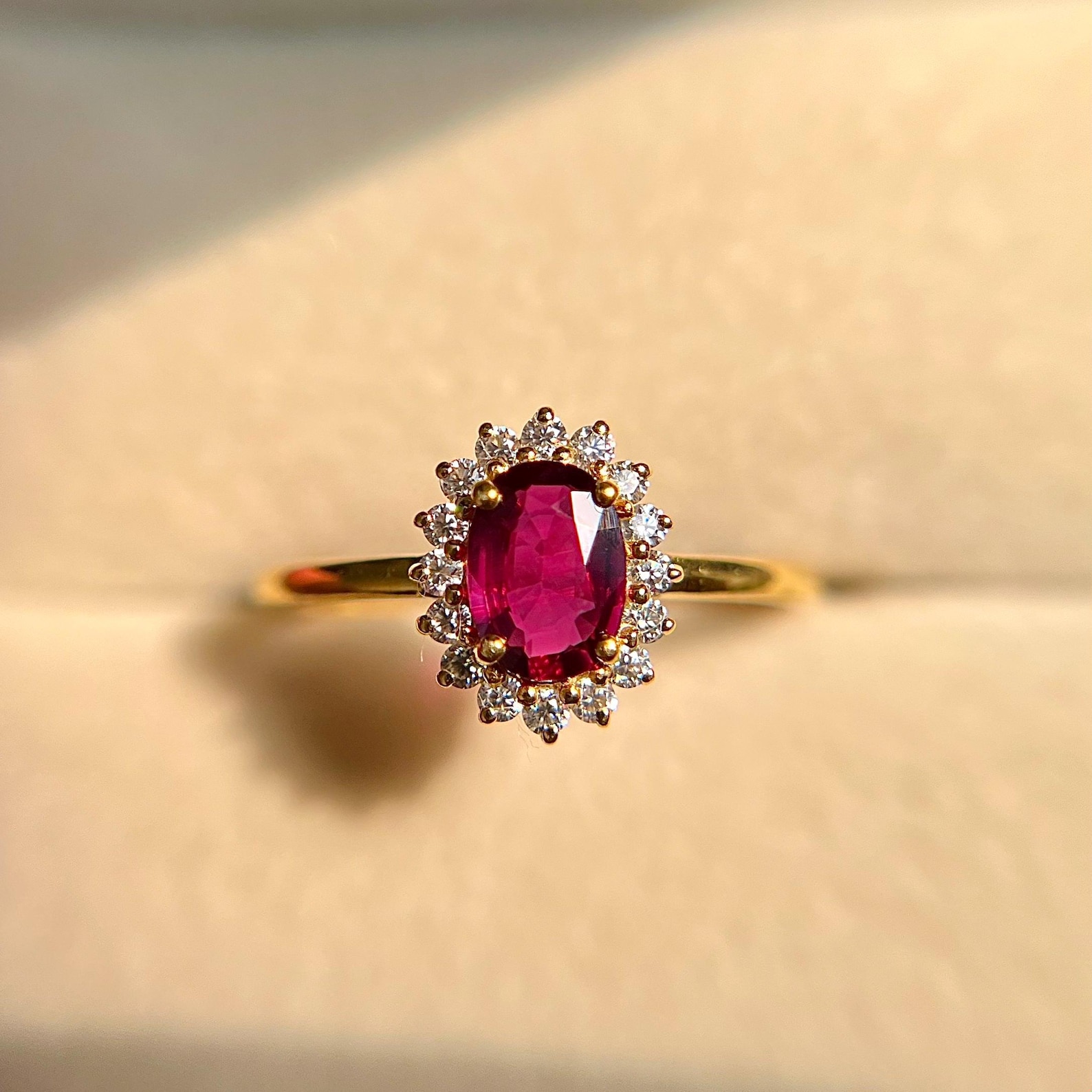 Vintage Ruby Halo Ring in 10K Gold – Diamond Accent Ruby Engagement ...
