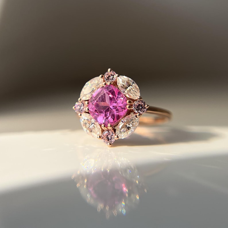 Lab Pink Sapphire & Moissanite | Pink Radiance 'starlight Cluster' Ring ...