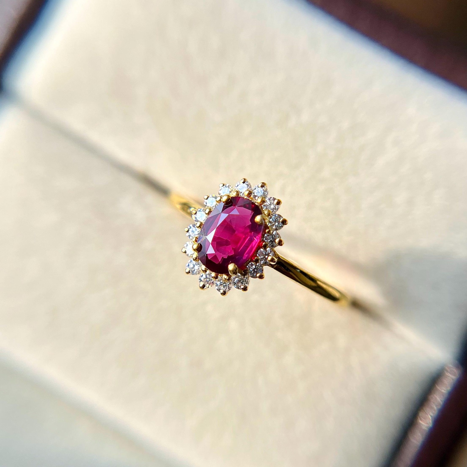 Vintage Ruby Halo Ring in 10K Gold – Diamond Accent Ruby Engagement ...