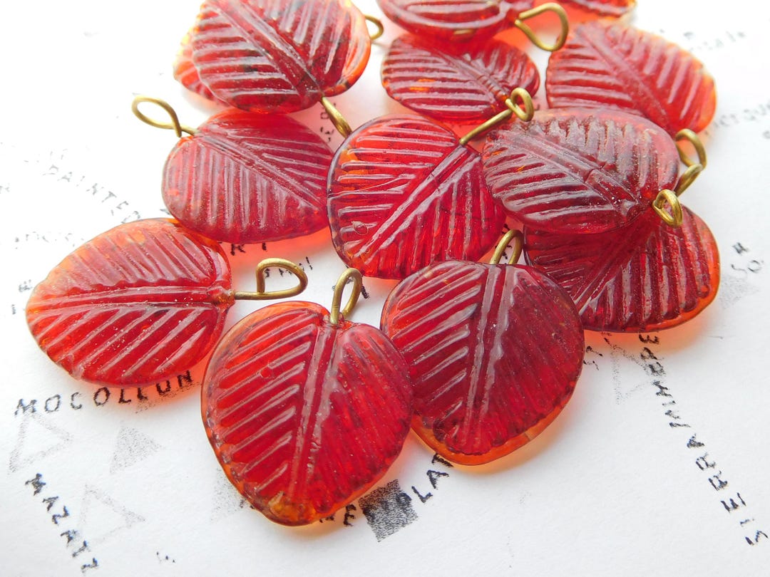 8 Vibrant Red Semi Transparent Glass 16mm Leaves With Adjustable Brass ...