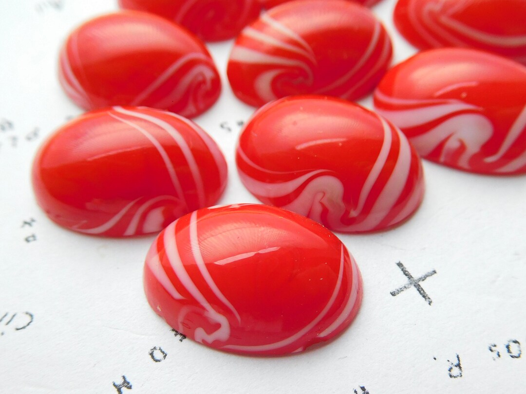 4 Vintage Art Deco 18x13mm Red Oval Glass Cabochons With Random White ...