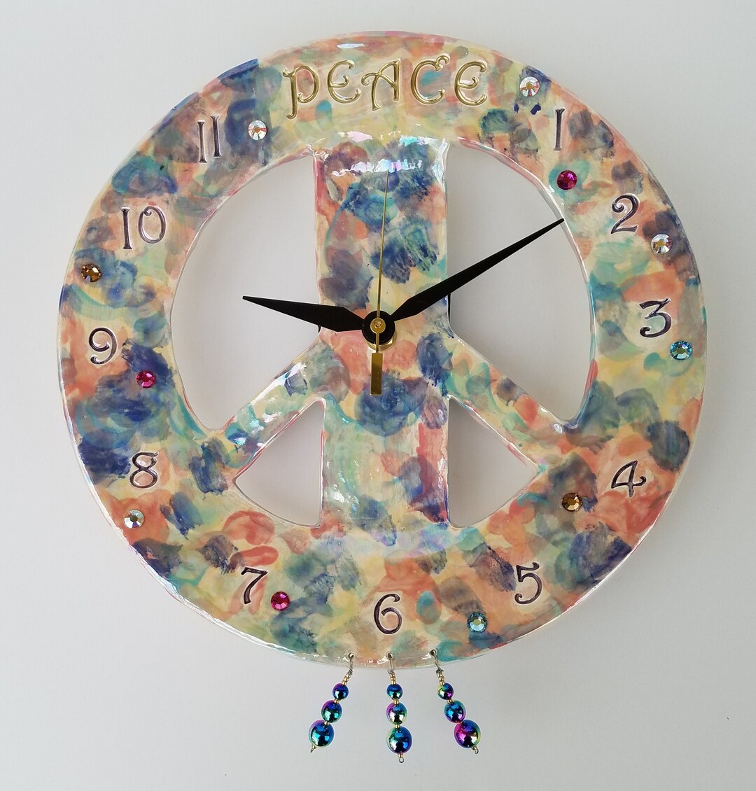 Wall Clock Peace Sign/flowerchild Theme/iridescent Blue Finish/ceramic ...
