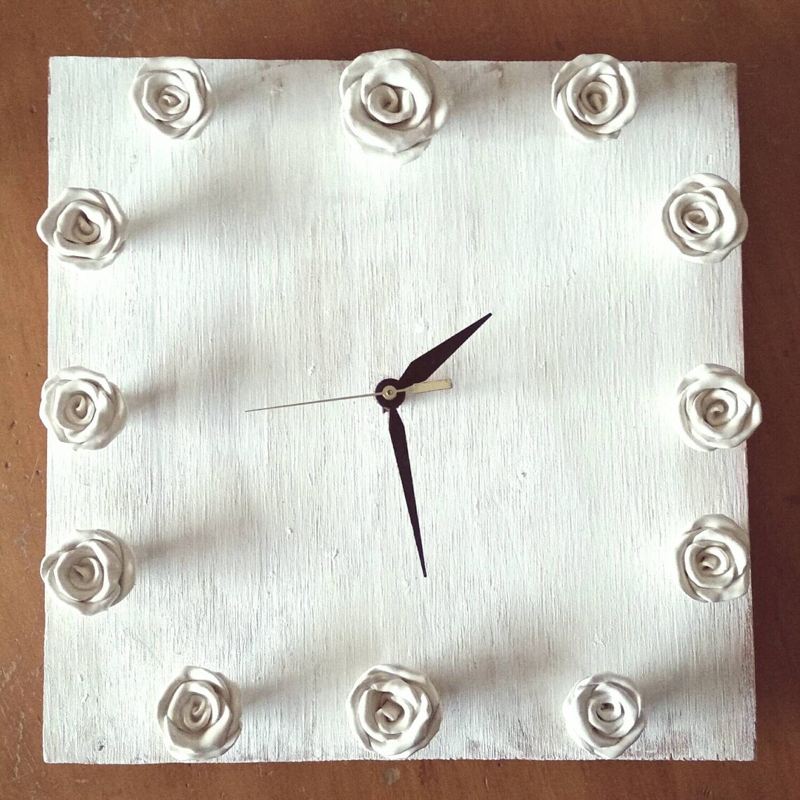 Rustic Wall Clock With Ceramic Roses Vintage Inspired Rose 12 Inch Wood ...