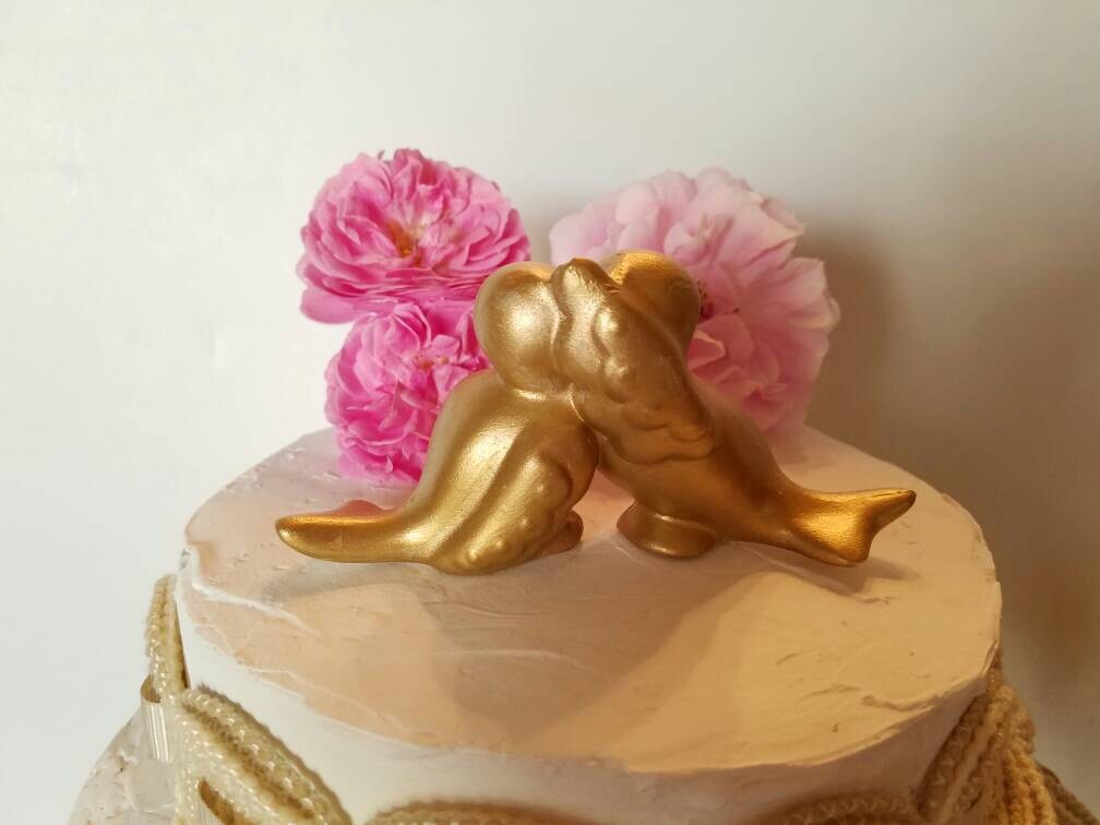 Wedding Cake Topper Gold Birds Retro Vintage Hugging Love Birds Ceramic ...