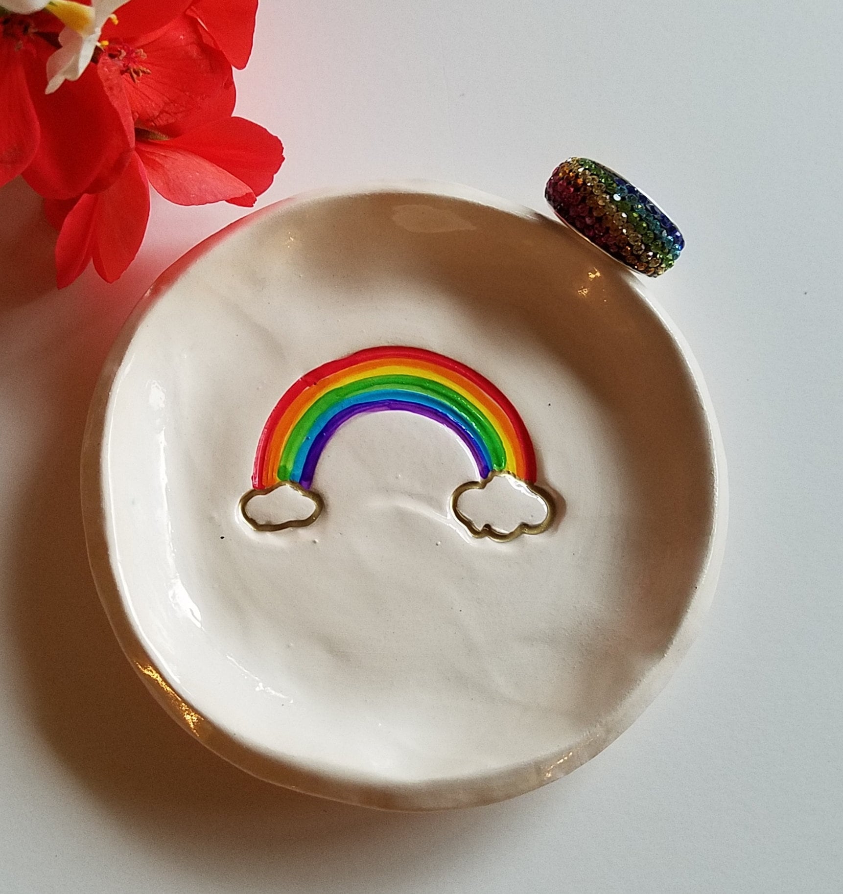 Trinket Dish Rainbow Wedding Dish White Ceramic With Clouds Gloss ...
