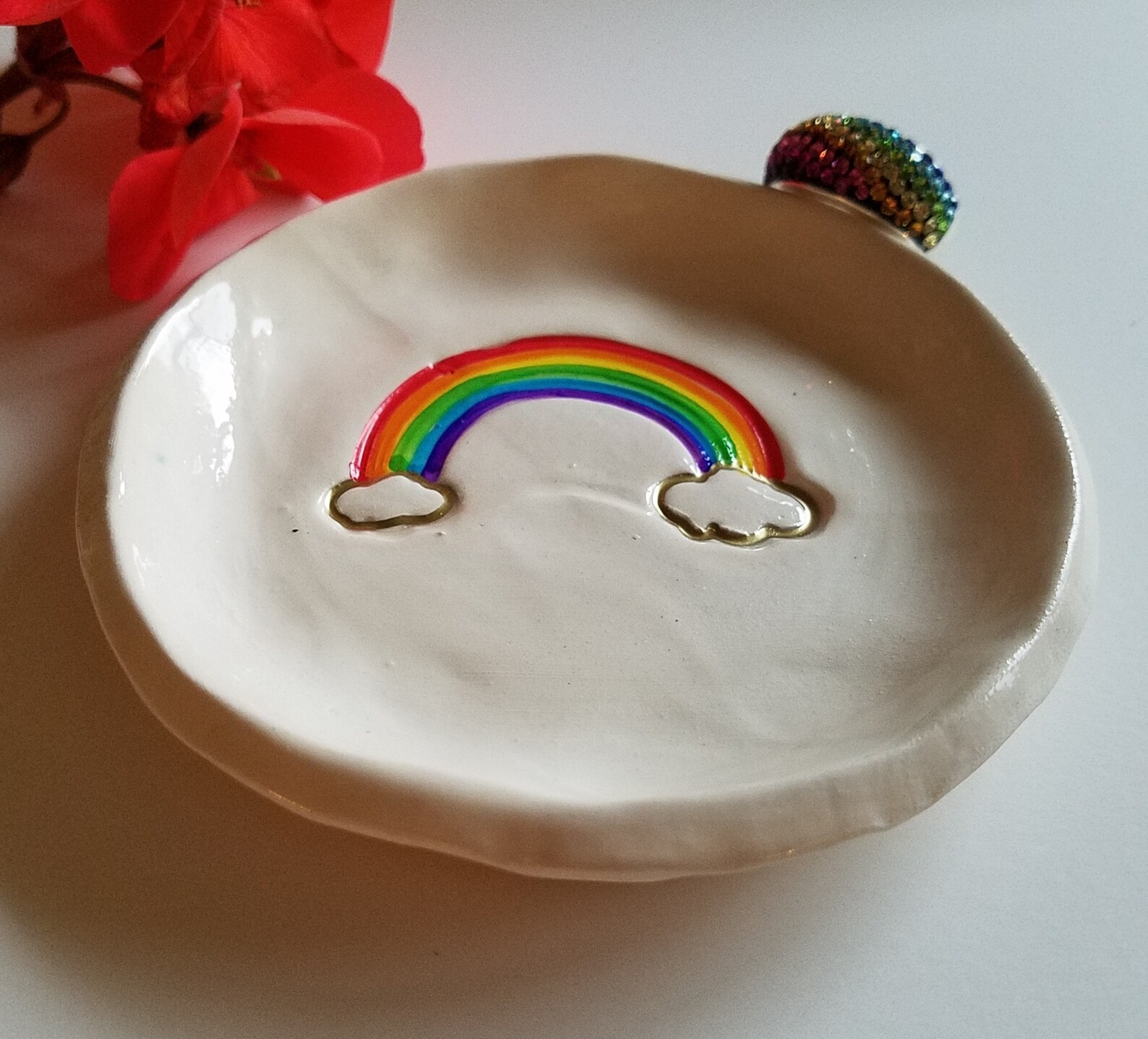 Trinket Dish Rainbow/wedding Dish Rainbow/white Ceramic With Clouds ...