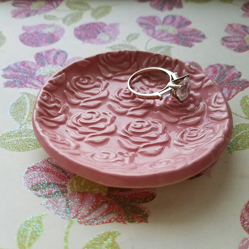 Ceramic Trinket Dish Rose Design Small Round Shaped Jewelry Dish Brides ...