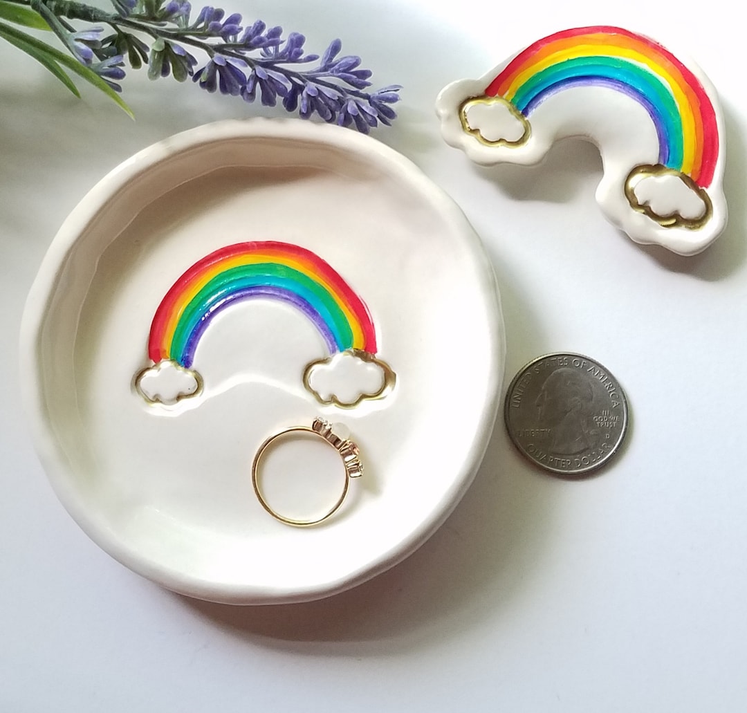 Trinket Dish Rainbow/wedding Dish Rainbow/white Ceramic With Clouds ...