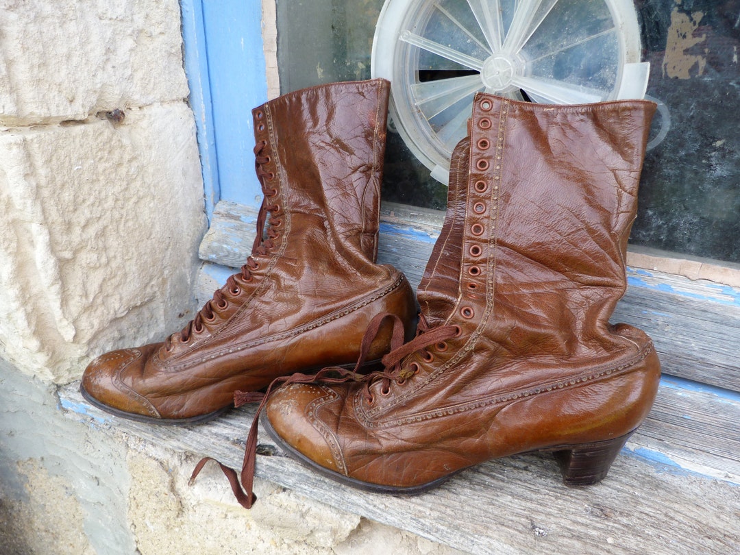 Vintage Antique French Victorian Laced Boots Brown Leather - Etsy