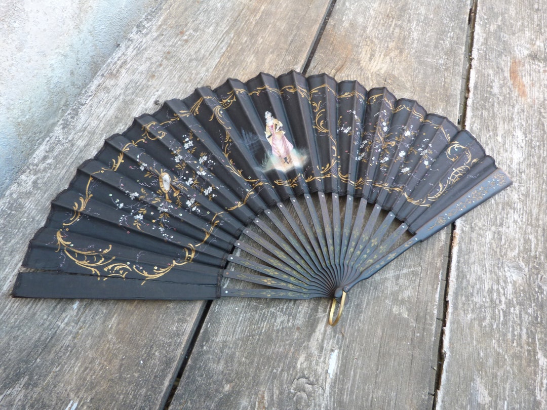 Vintage Old French Victorian Folded Fan Black Wood & Hand Painted Silk ...